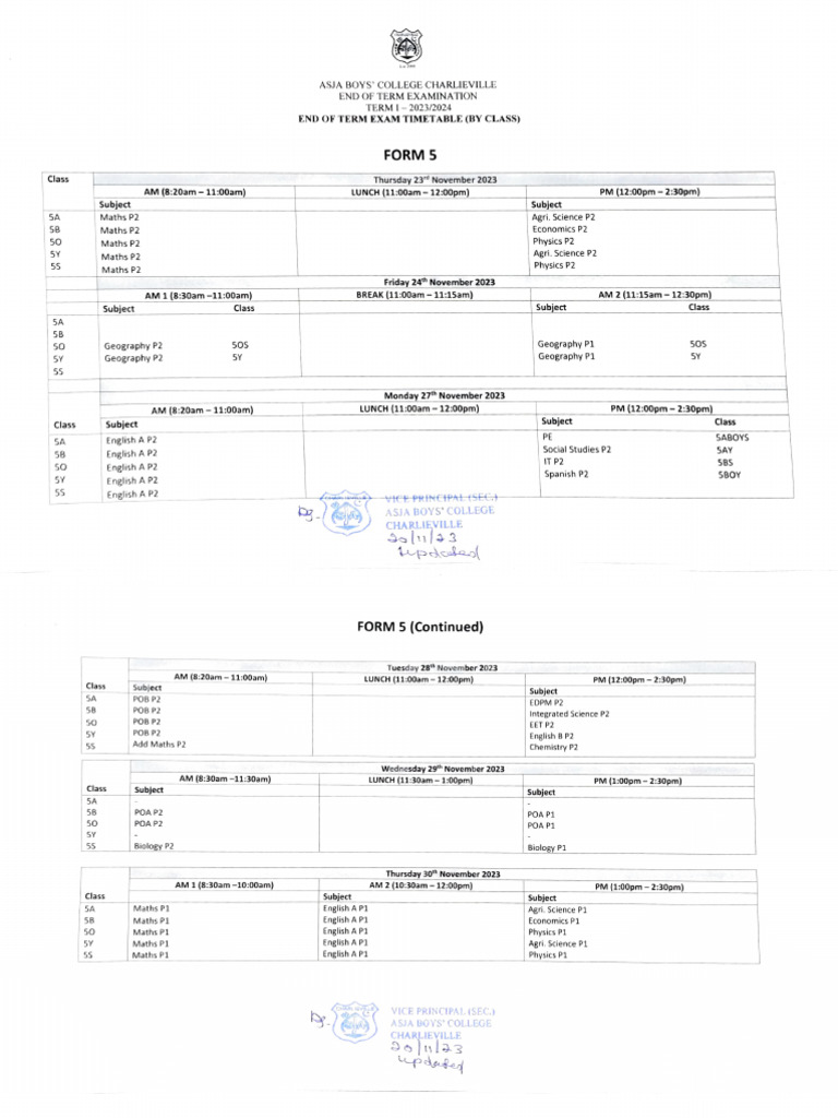 Form 5 End of Term Exam TimeTable (Updated) 20..11.23 | PDF ...