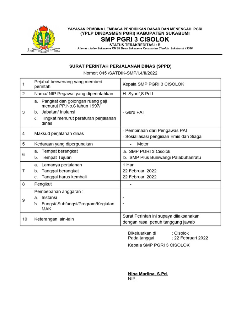 Surat Perintah Perjalanan Dinas (SPPD) New | PDF