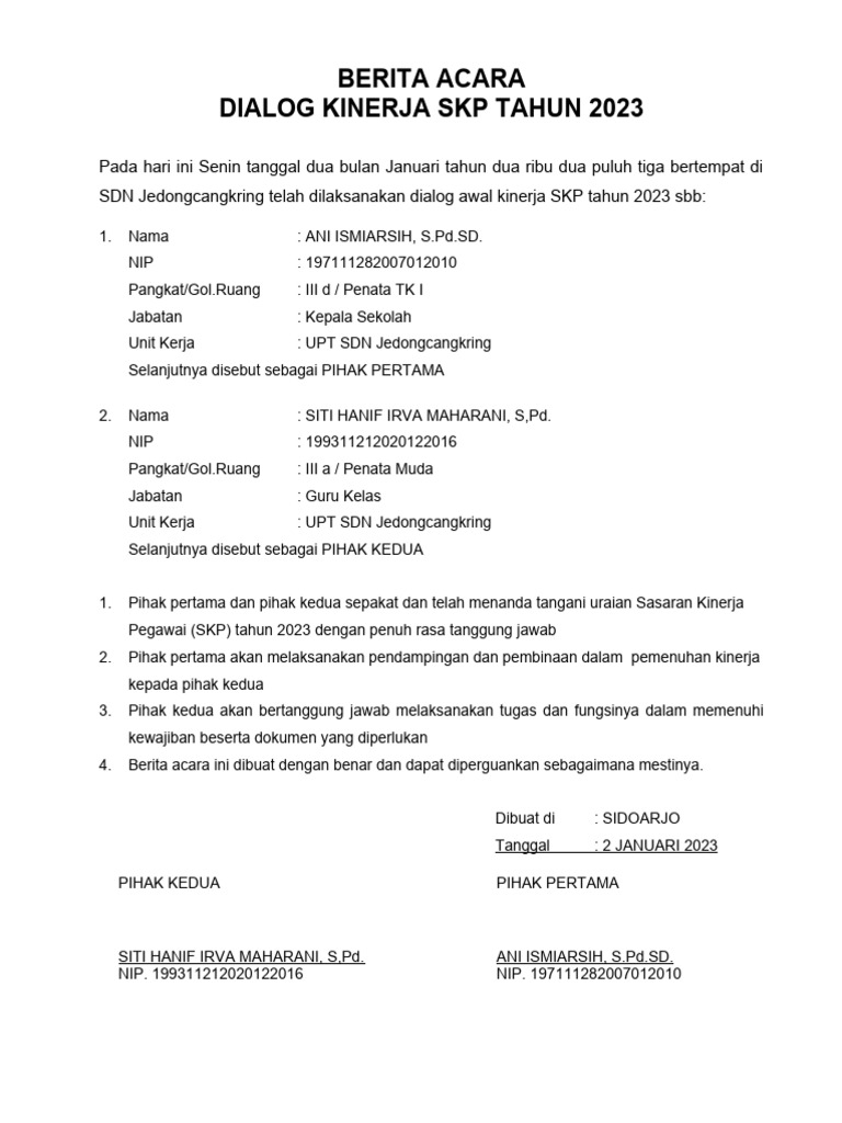Berita Acara Dialog Kinerja SKP 2023 | PDF