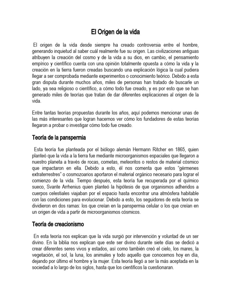 El Origen De La Vida Pdf Vida Abiogénesis