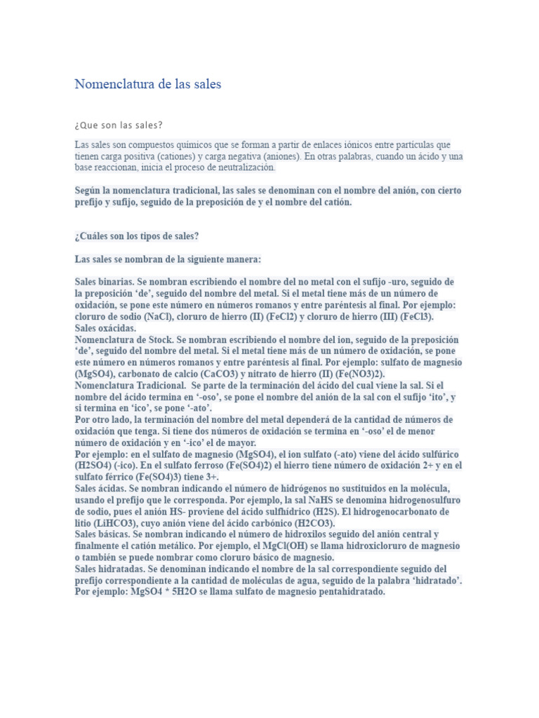 Nomenclatura de Las Sales | PDF | Sal (química) | Elementos químicos