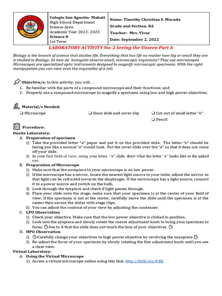 Term 1 Laboratory Activity 2 Seeing The Unseen A - Morada | PDF | Microscope | Electromagnetic ...