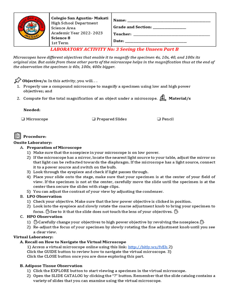 Term 1 Laboratory Activity 3 Seeing The Unseen B | PDF | Microscope ...