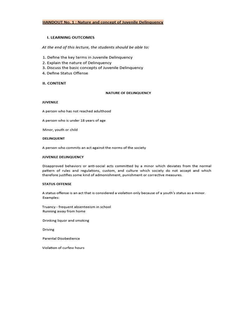 Handout No 1 - Nature and Concept of Juvenile Delinquency | PDF ...