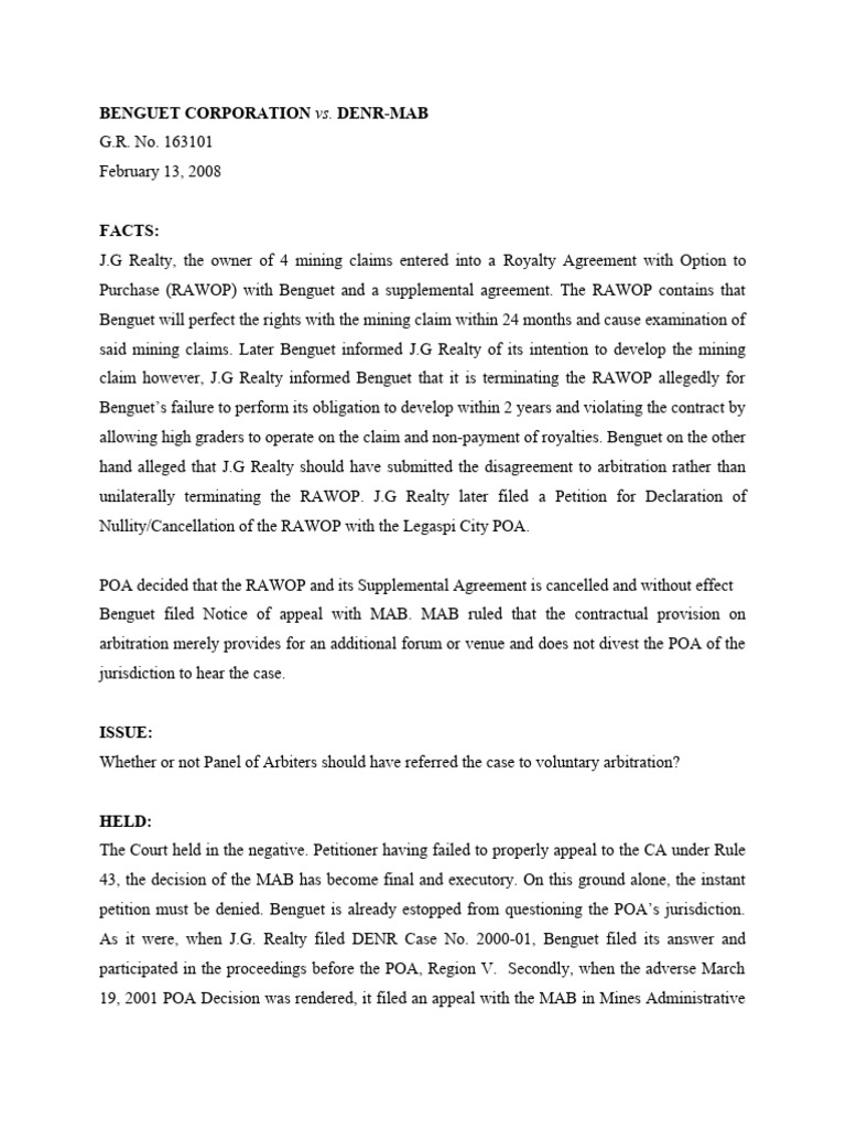 BENGUET CORPORATION vs. DENR-MAB - Case Digest | PDF | Arbitration | Jurisdiction