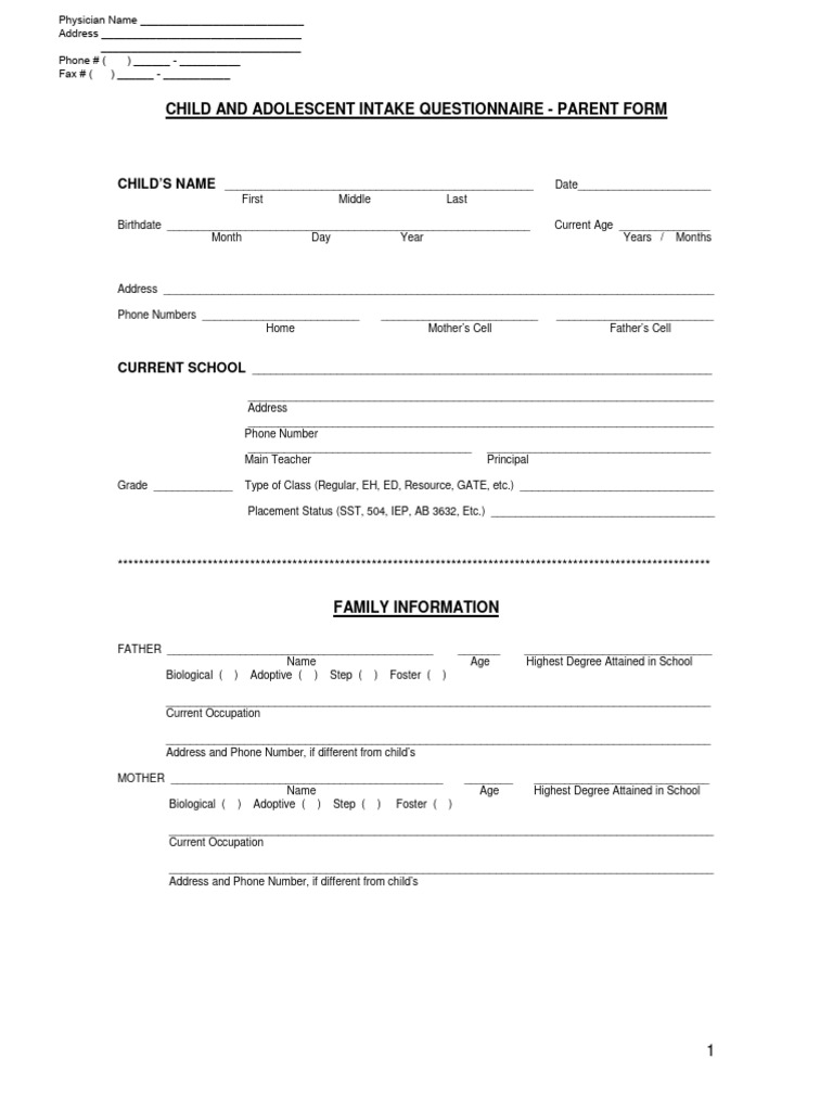 Child and Adolescent Intake Questionnaire - Parent Form | PDF ...