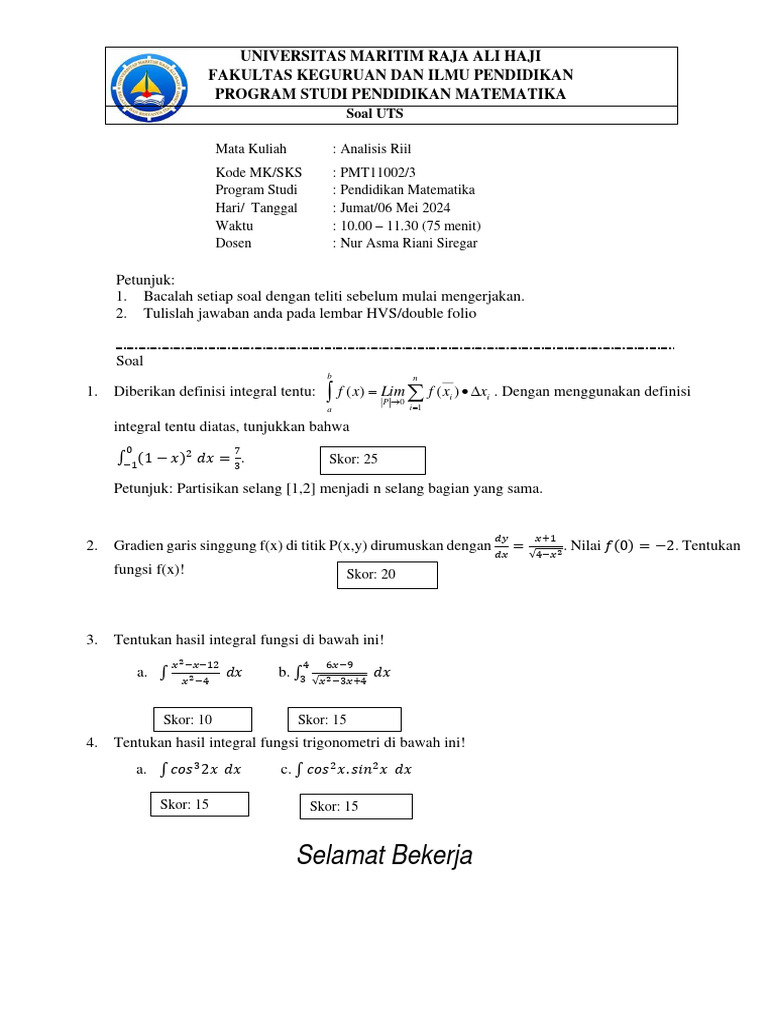 UTS Kalkulus Integral 2024 | PDF | Metode & Bahan Ajar