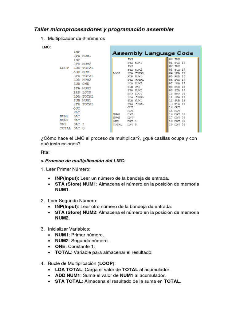 Taller Microprocesadores y Programación Assembler | PDF | Multiplicación | Almacenamiento de ...