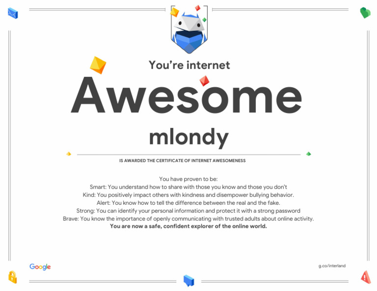 Google Interland Mlondy Certificate of Awesomeness | PDF | Career ...