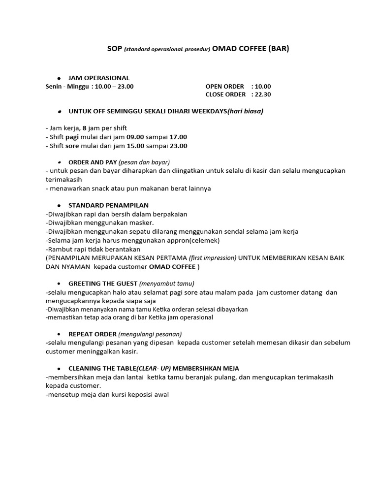 SOP Bar Dan Kitchen Omad Coffee | PDF