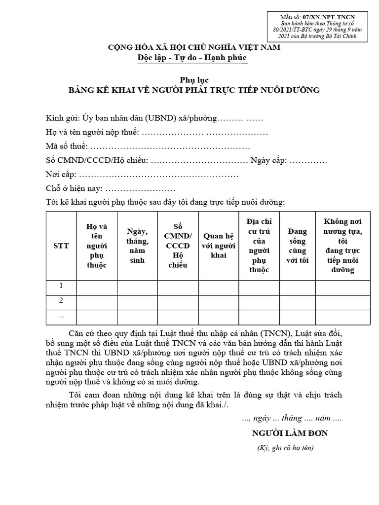 Bang Ke Khai Nguoi Phai Nuoi Duong PL 07.XN-NPT-TNCN | PDF