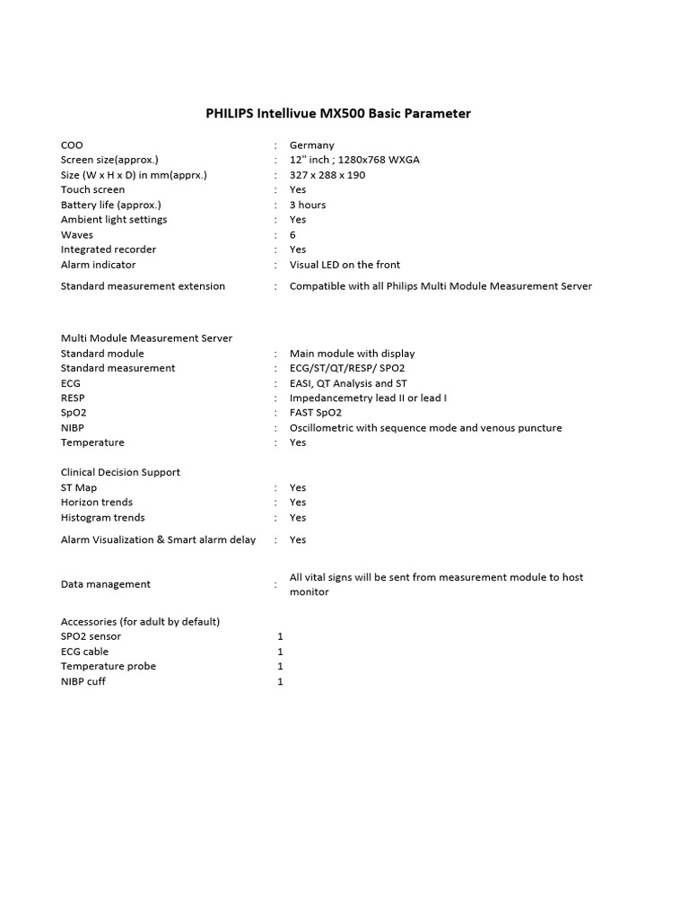 PHILIPS Intellivue MX500 Basic Parameter - TDS | PDF