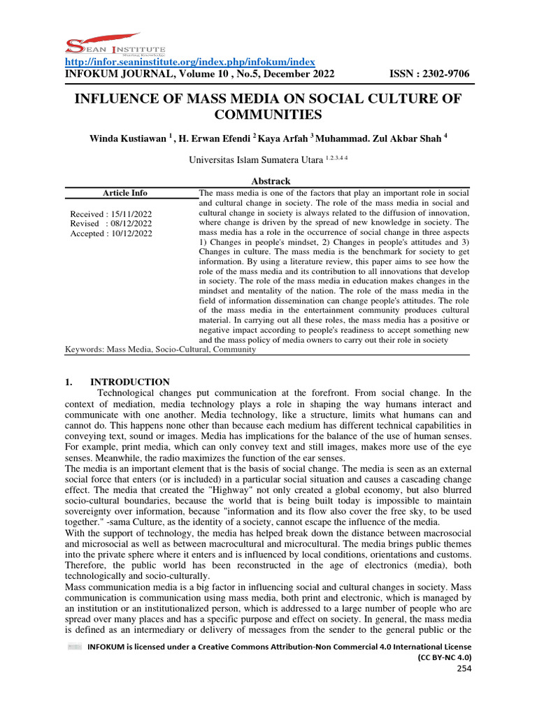 Mass Media's Impact on Social Culture | PDF | Communication | Information
