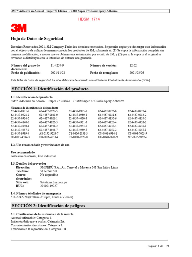 Hoja de Datos de Seguridad: HDSM - 1714 | PDF | Tecnología
