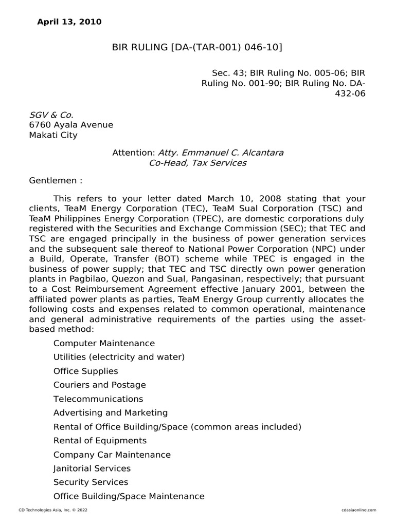 BIR Ruling on Cost Allocation Method | PDF | Taxes | Expense