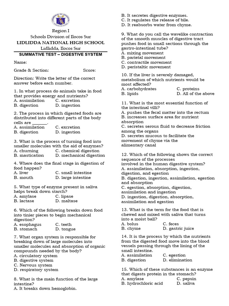 Summative Test 4th - Digestive | PDF | Digestion | Human Digestive System