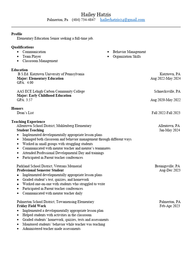 Hailey Hatzis Resume 2024 | Download Free PDF | Teachers | Lesson Plan
