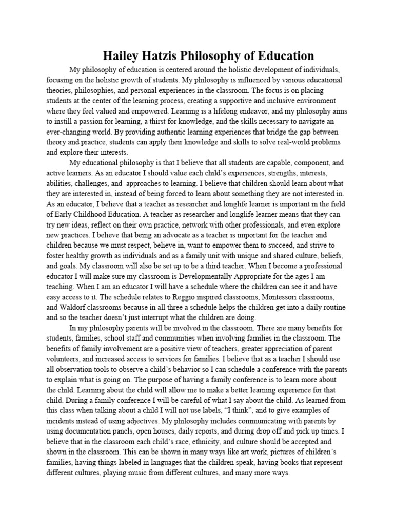 Hailey Hatzis Philosophy of Education | PDF | Philosophy Of Education | Learning