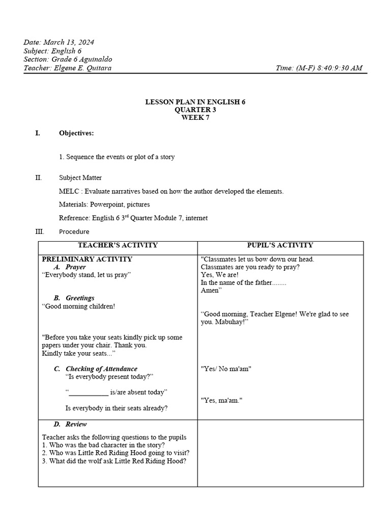 lesson plan in elements of the story (Autosaved) | PDF