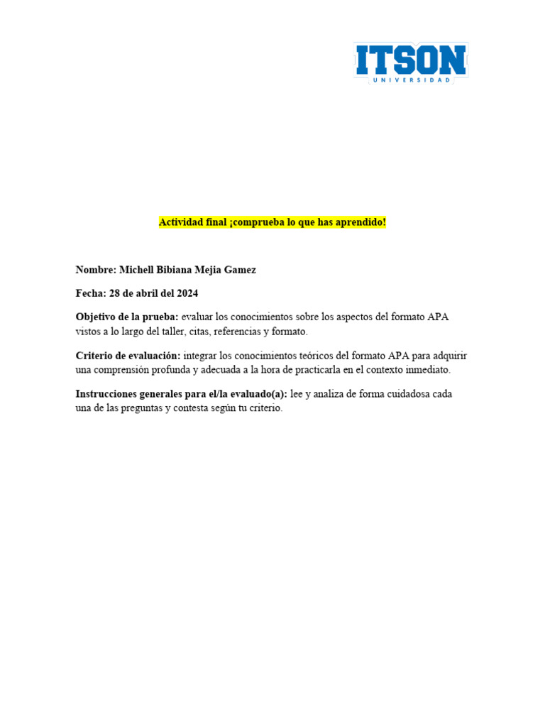 Formato ACT 4 ¡Comprueba Lo Que Has Aprendido! | PDF | Youtube | Estilo apa