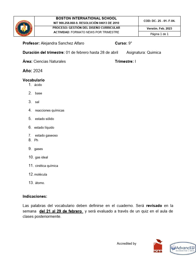 Vocabulario de Química para 9° Trimestre I | PDF