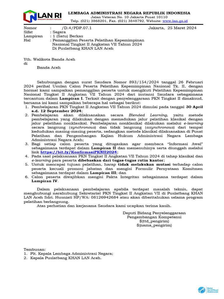 Draft Pemanggilan PKN Tingkat II Angkatan VII Puslatbang KHAN LAN Aceh | PDF