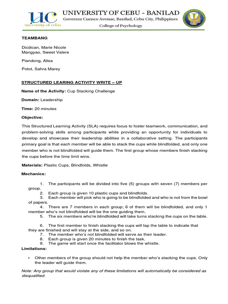 Cup Stacking Challenge - Sla | Download Free PDF | Leadership | Second ...