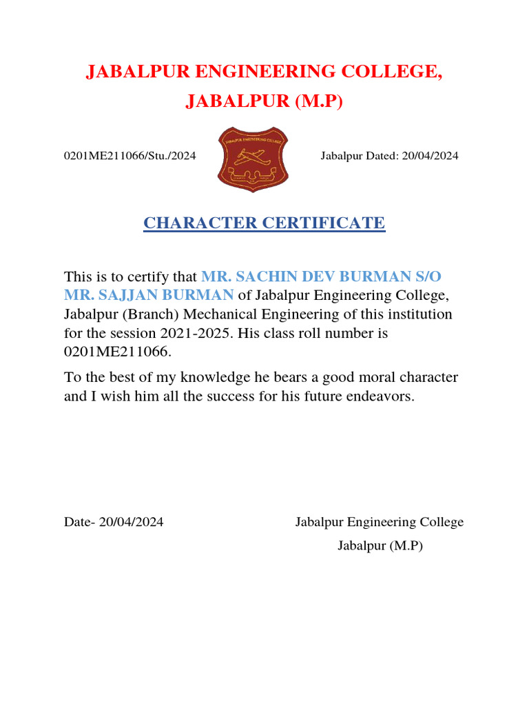 Student Character Certificate | PDF