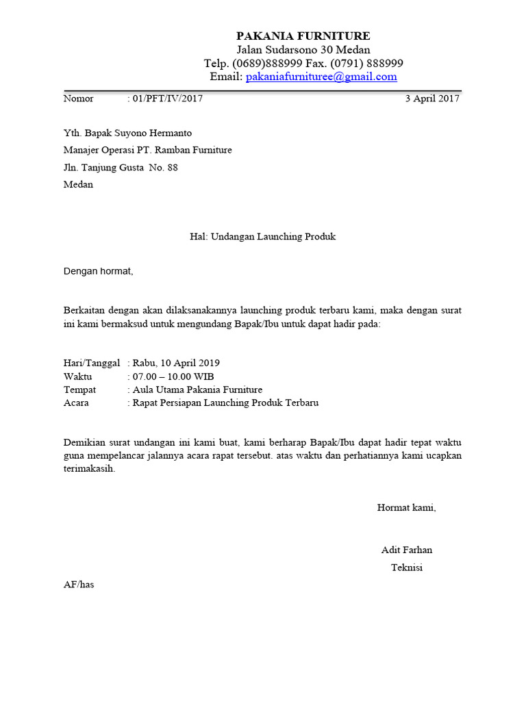 Contoh Surat Undangan Bisnis Launching | PDF