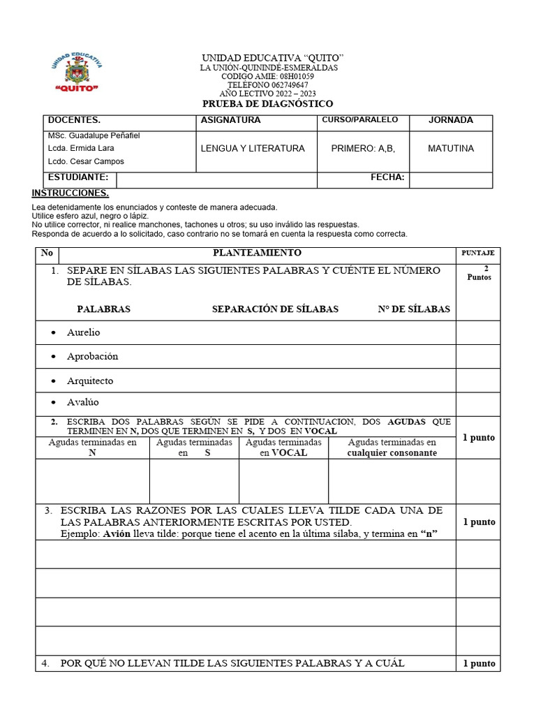 Prueba Diagnóstica Lengua y Literatura | PDF | Fonética | Estrés ...