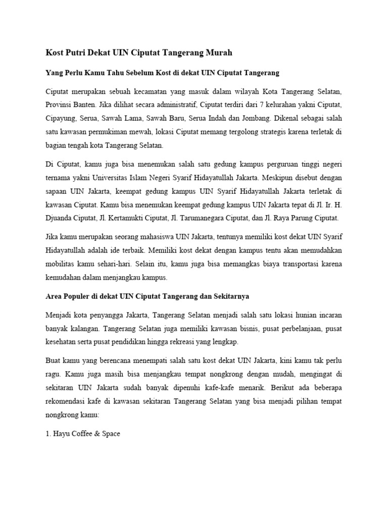 Kost Putri Dekat Uin Ciputat Tangerang Pdf