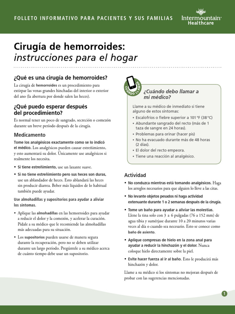 Hemorrhoid Surgery Home Instructions Spanish | Descargar gratis PDF ...