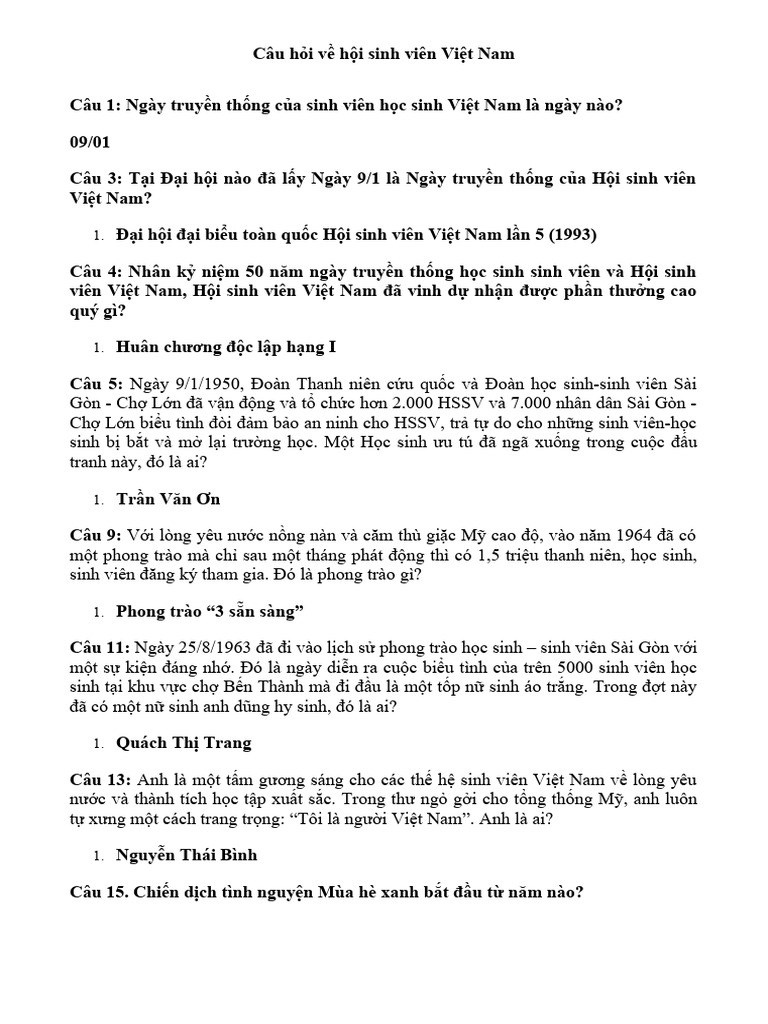 Cau Hoi Ve Hoi Sinh Vien Viet Nam. G I GVCN | PDF