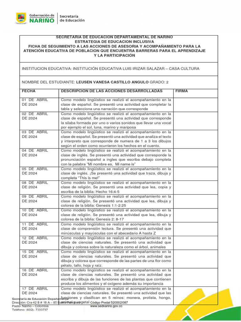 Ficha de Seguimiento ABRIL NANDI | PDF