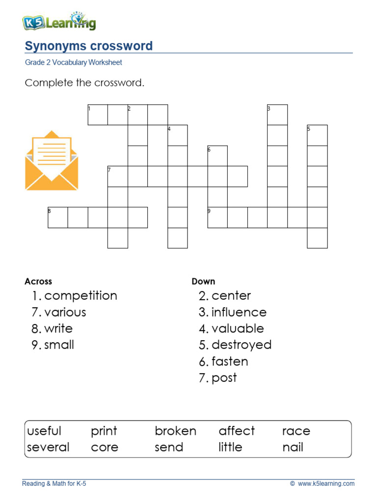 2nd Grade Synonyms Crossword 4 | PDF