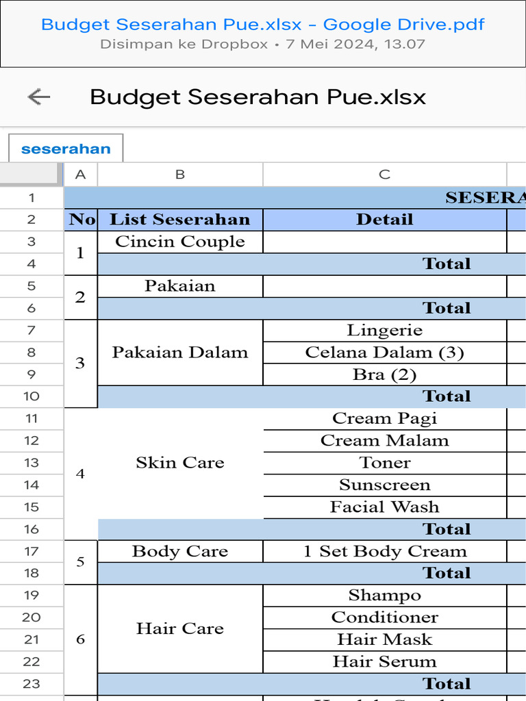 Budget Seserahan Pue - XLSX - Google Drive | PDF