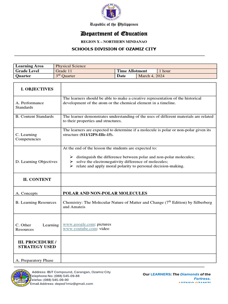 Physical Science - DLP - COT | PDF | Chemical Polarity | Molecules