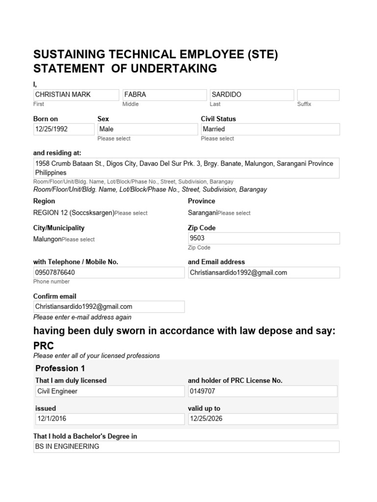 SUSTAINING TECHNICAL EMPLOYEE (STE) STATEMENT OF UNDERTAKING - 41191 | PDF