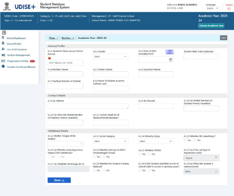 Data Entry Class 1 Udise Portal | PDF