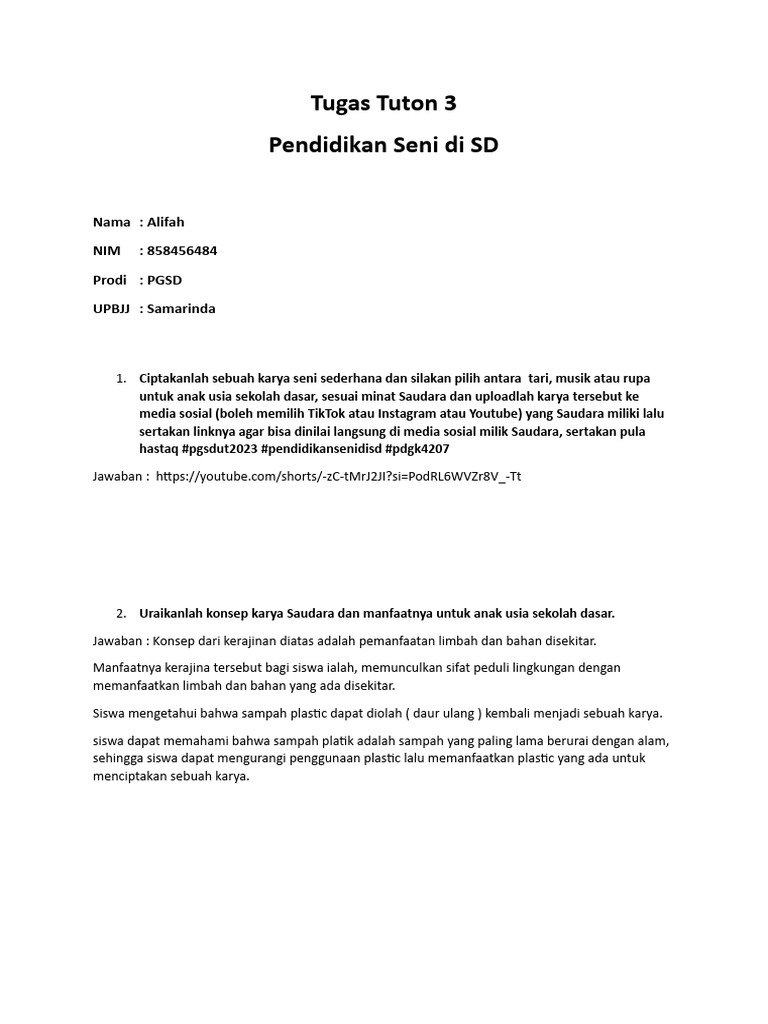 Tugas Tuton 3 Pendidikan Seni Di SD | PDF | Seni