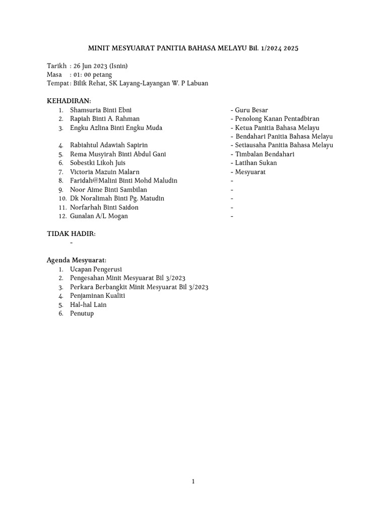 Minit Mesyuarat Panitia Bahasa Melayu Bil 1 2024 2025 | PDF