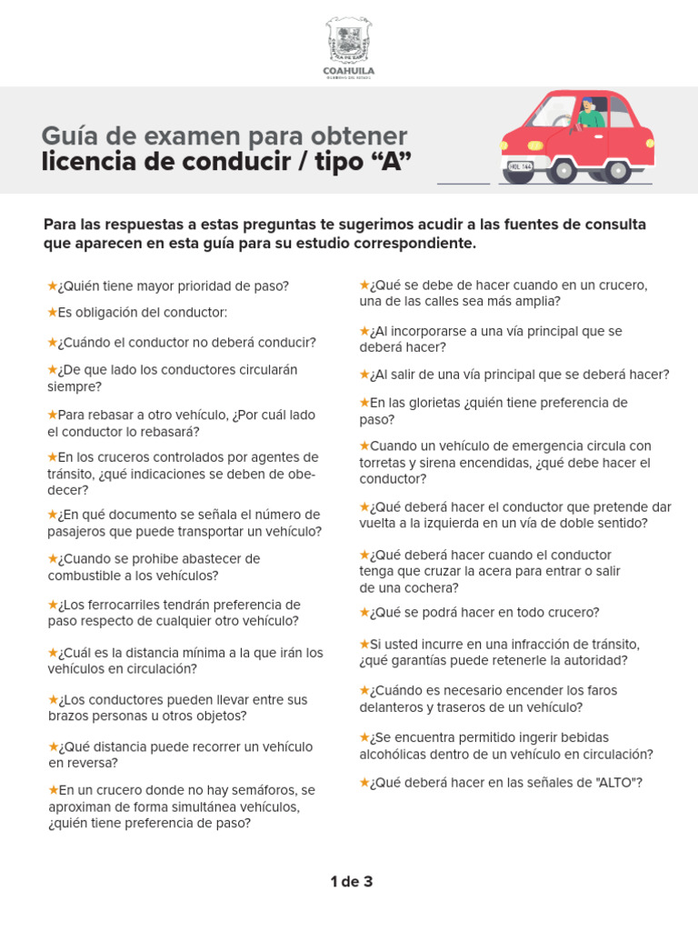 Guía para examen licencia conducir Coahuila | PDF | Semáforo | Tráfico