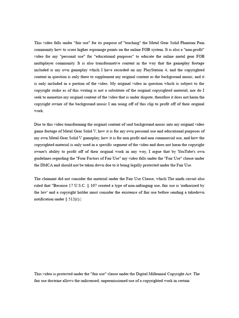 Fair Use Defense for Metal Gear Solid Video | PDF | Fair Use | Digital ...