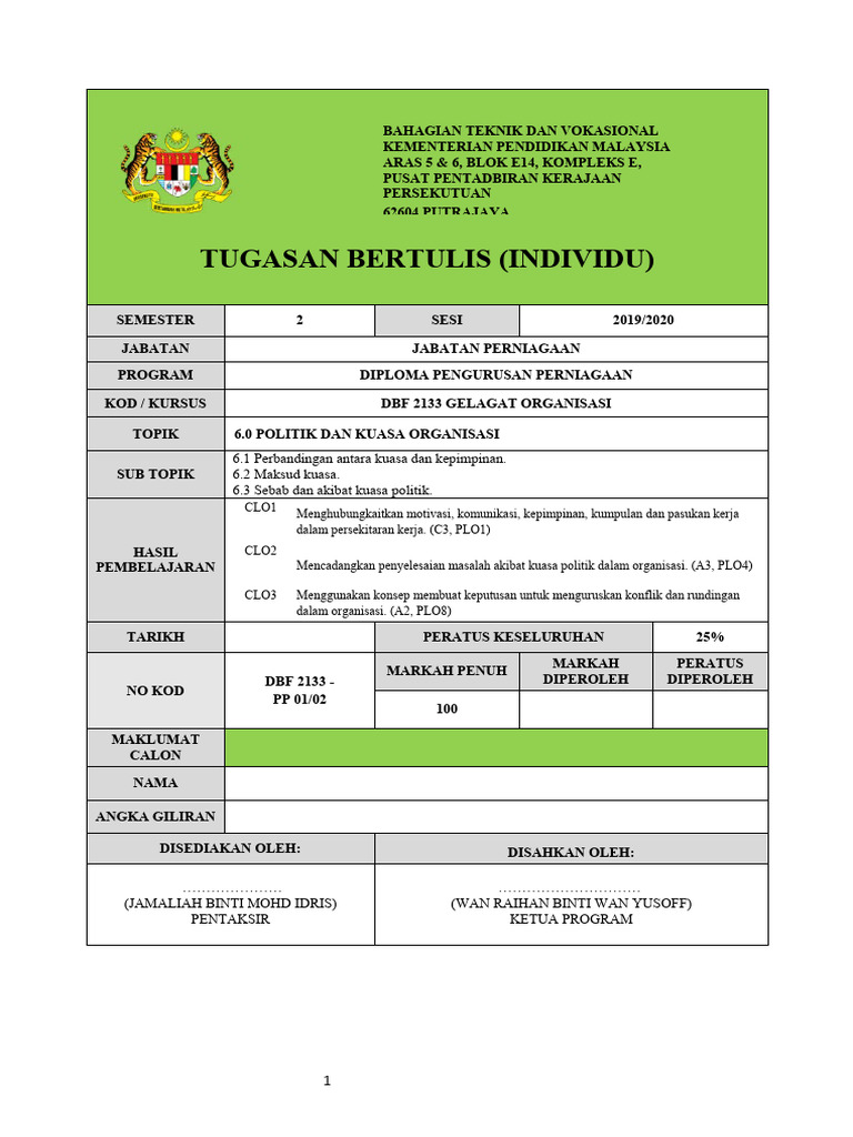 Tugasan Bertulis (Individu) Ob 2019 | PDF