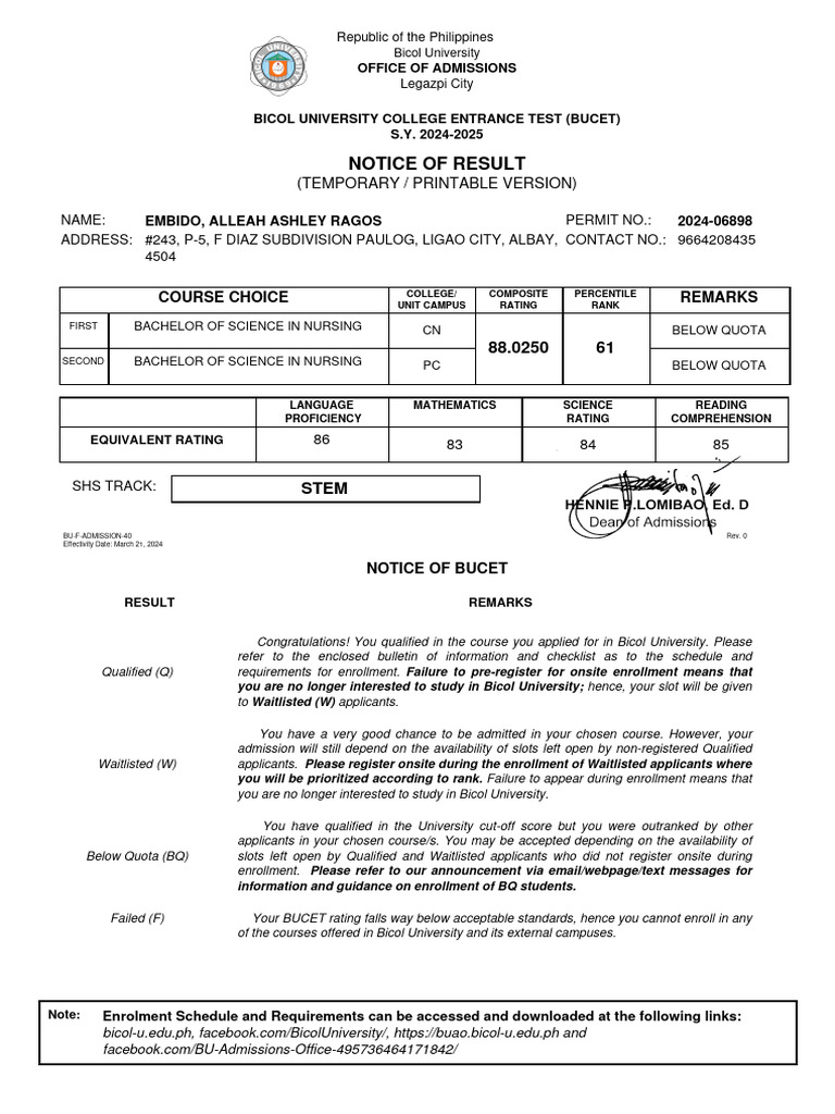 Bucet Result 2024-Embido Alleah Ashley Ragos | PDF