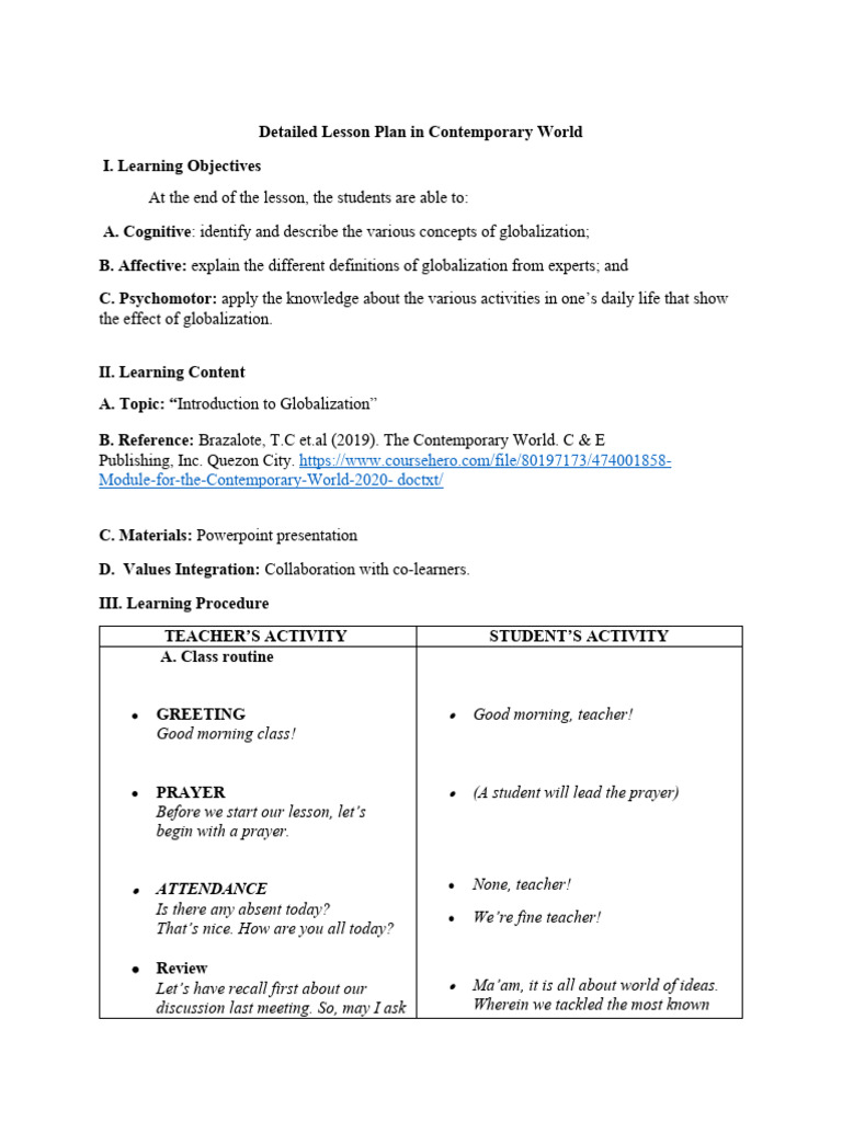 Detailed Lesson Plan in Contemporary World (TACADENA, KhannyA.) | PDF ...