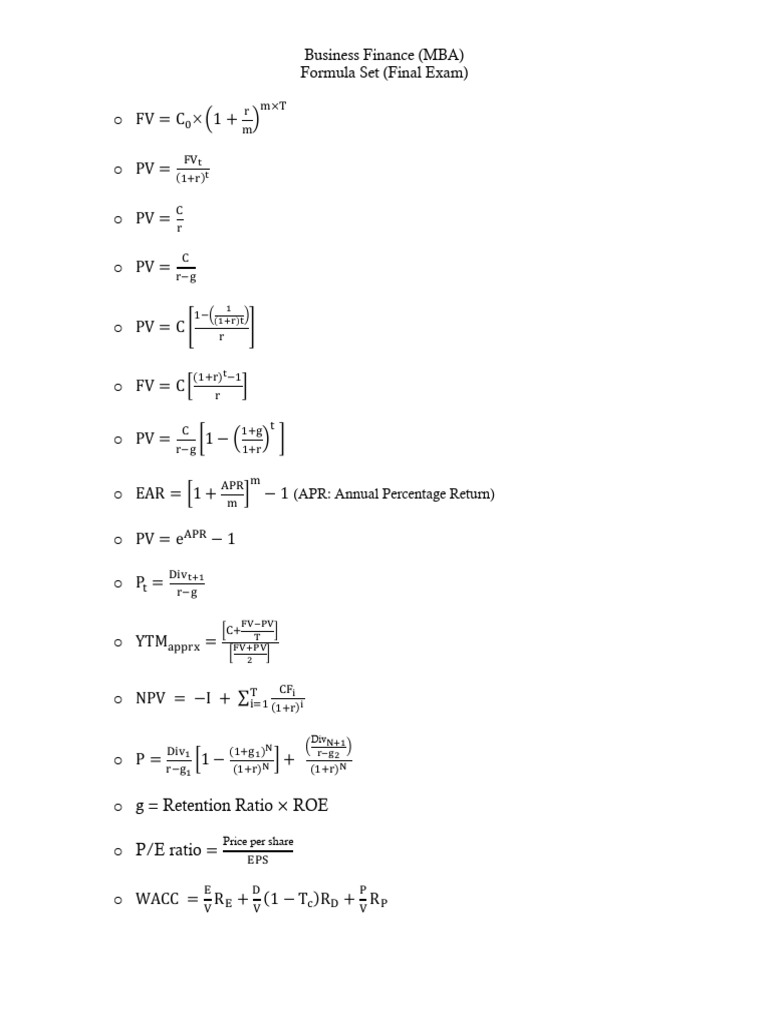 MBA Business Finance Formula Sheet | PDF | Financial Economics ...