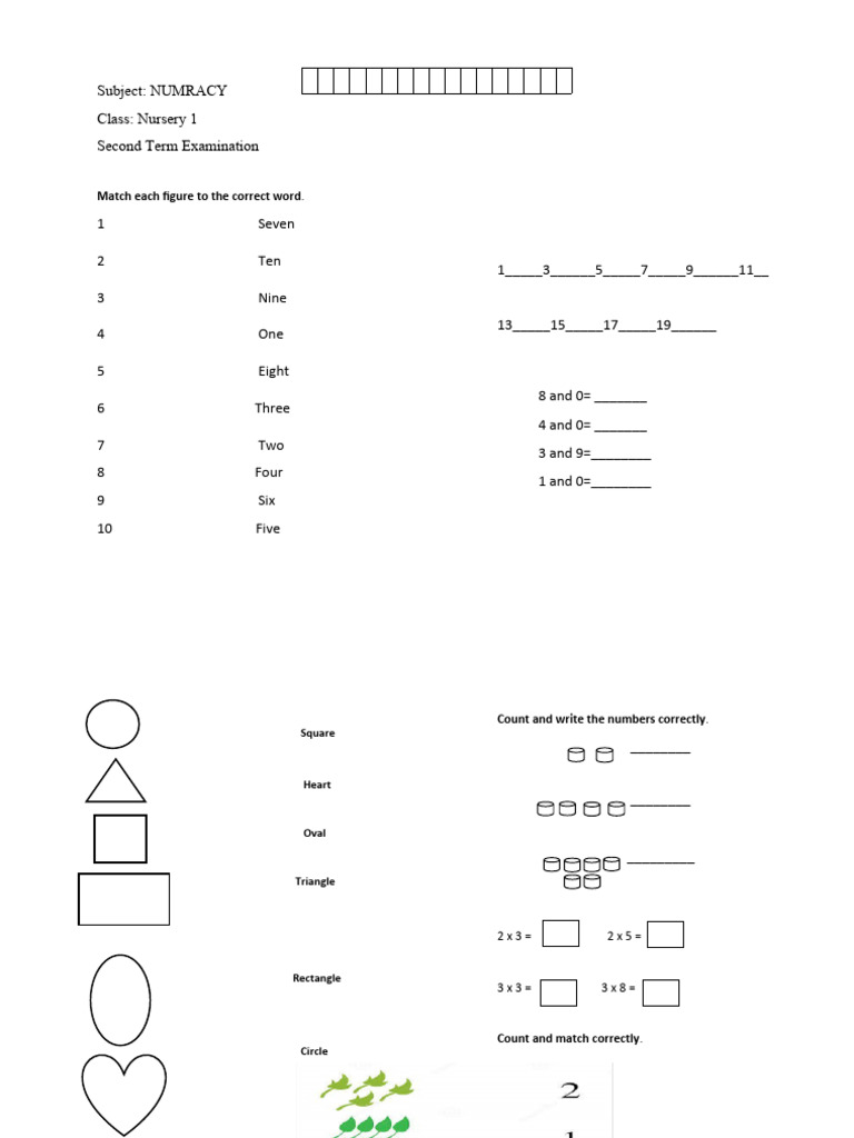 Nursery Second Term Maths Examination | PDF
