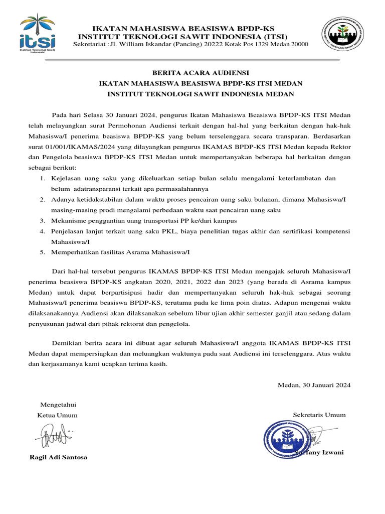 Audiensi Mahasiswa Beasiswa BPDP-KS ITSI | PDF | Pengelolaan Keuangan ...