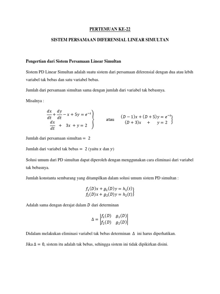 PERTEMUAN KE-22 (Sistem Persamaan Diferensial Linear Simultan) | PDF
